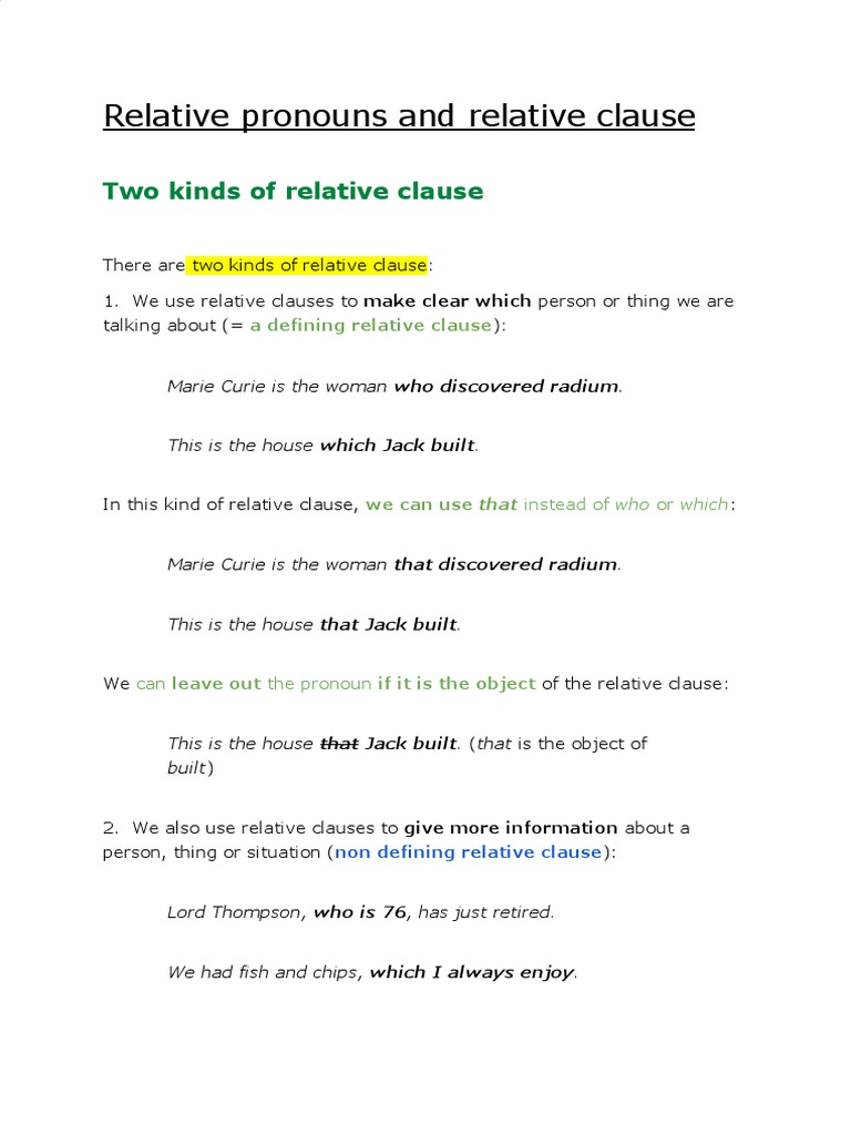 Relative Pronouns and Relative Clauses | PDF | Pronoun | Clause