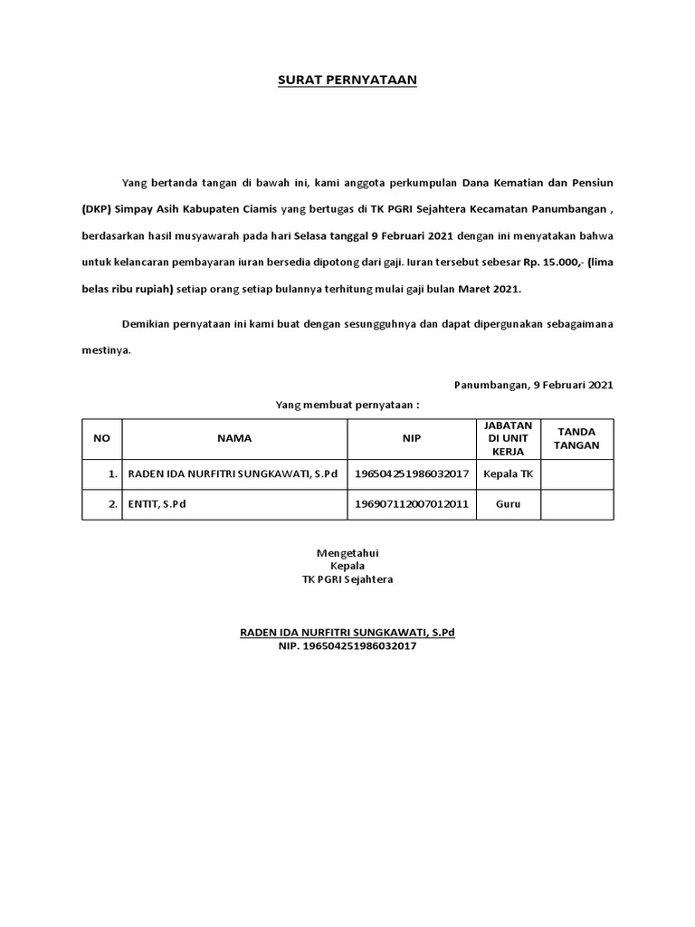SURAT PERNYATAAN Untuk DKP TK PGRI SJHTR | PDF