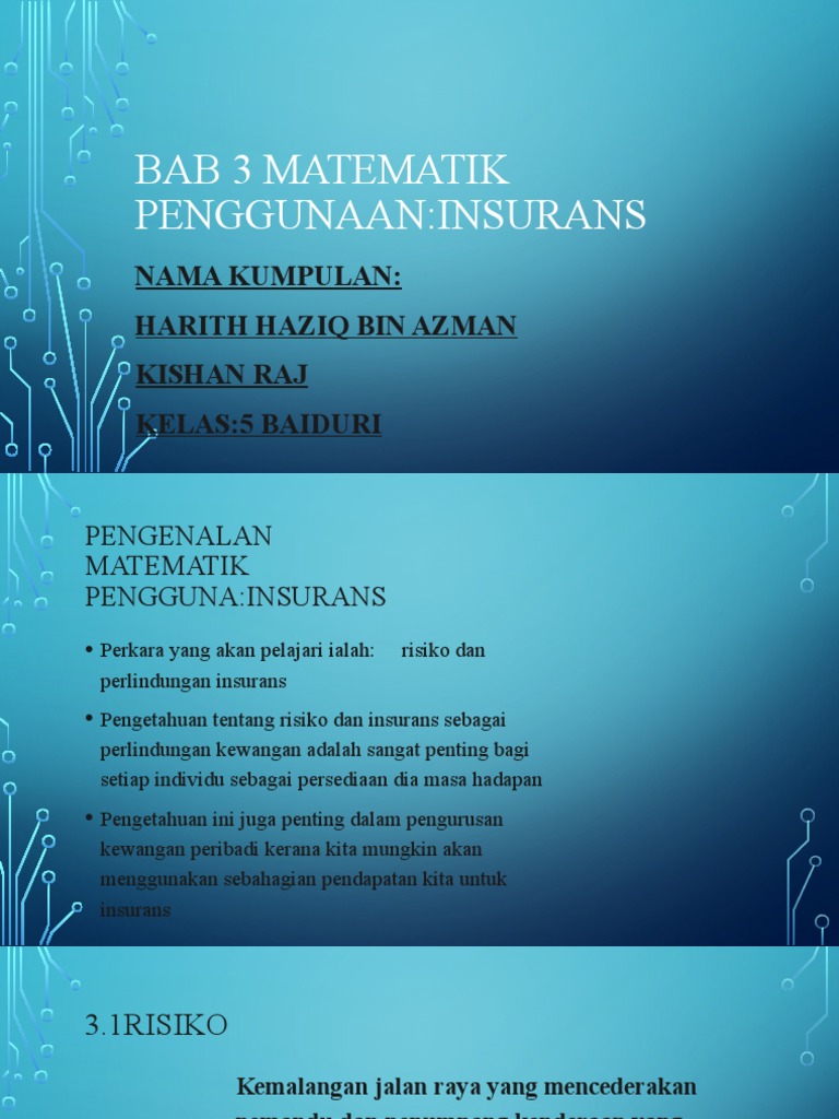 Bab 3 Matematik Penggunaan:Insurans: Nama Kumpulan: Harith Haziq Bin Azman Kishan Raj Kelas:5 ...