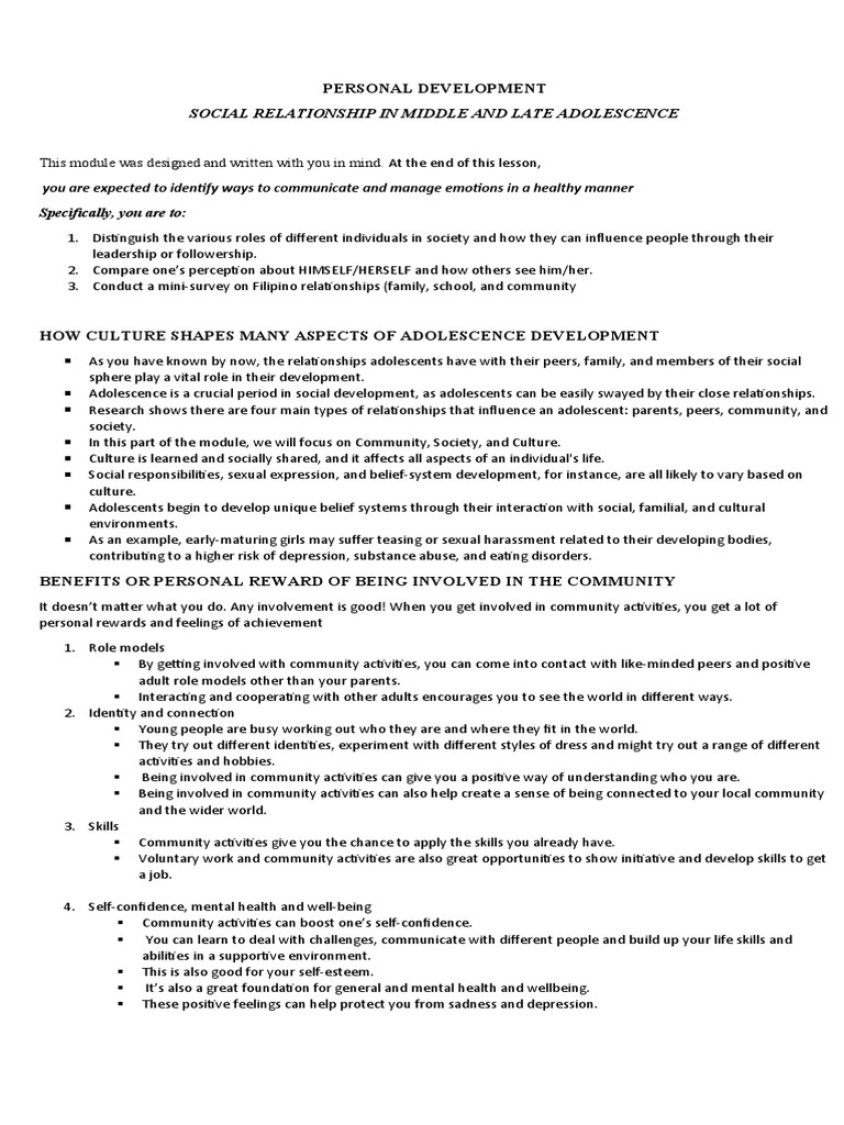 Adolescent Social Development & Community Impact | PDF | Adolescence ...