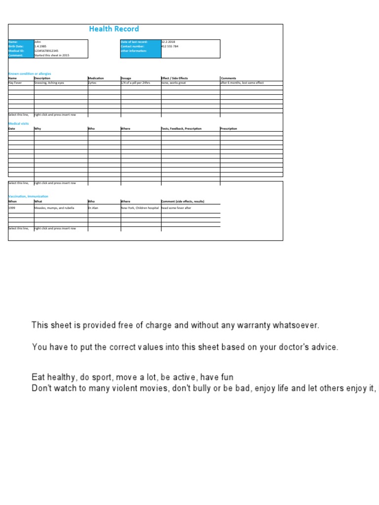 Personal Health Record Excel Template | PDF