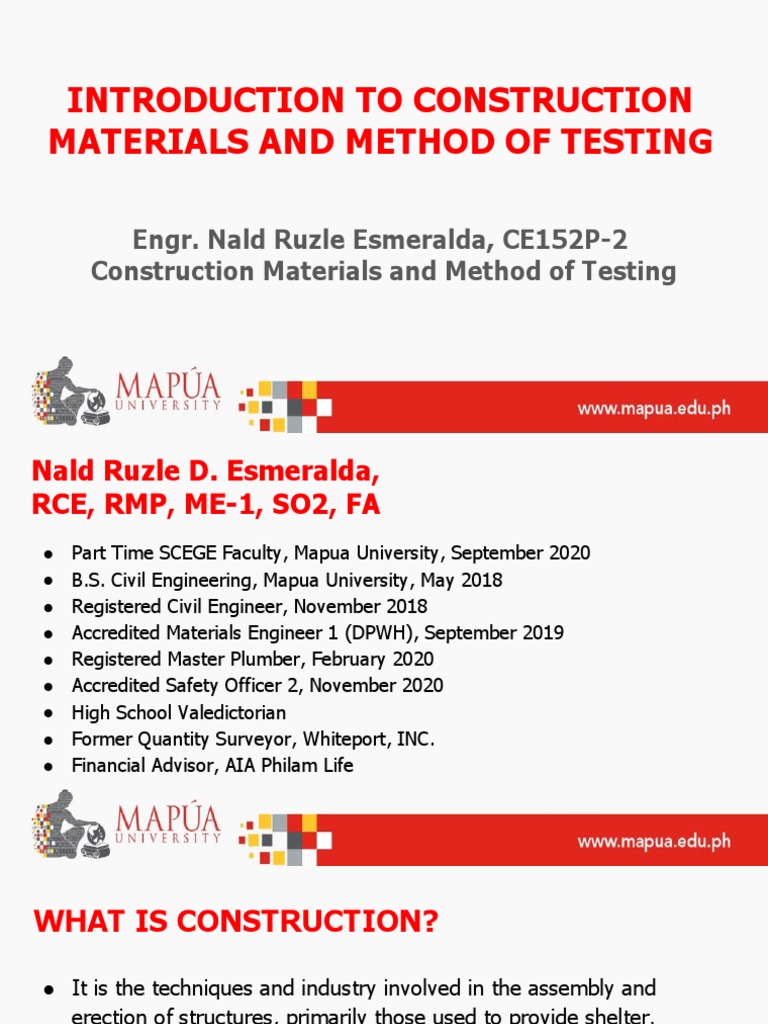Lecture #1 Introduction To Construction Materials and Method of Testing ...