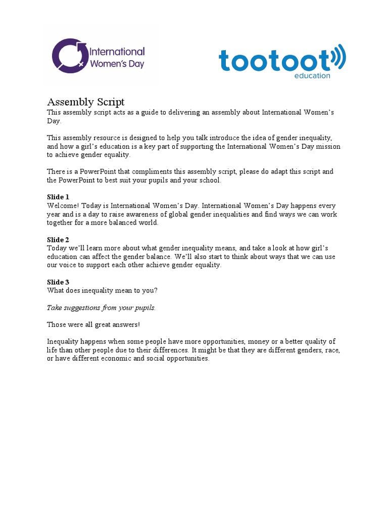 International Womens Day Assembly Script Primary | PDF | Gender ...