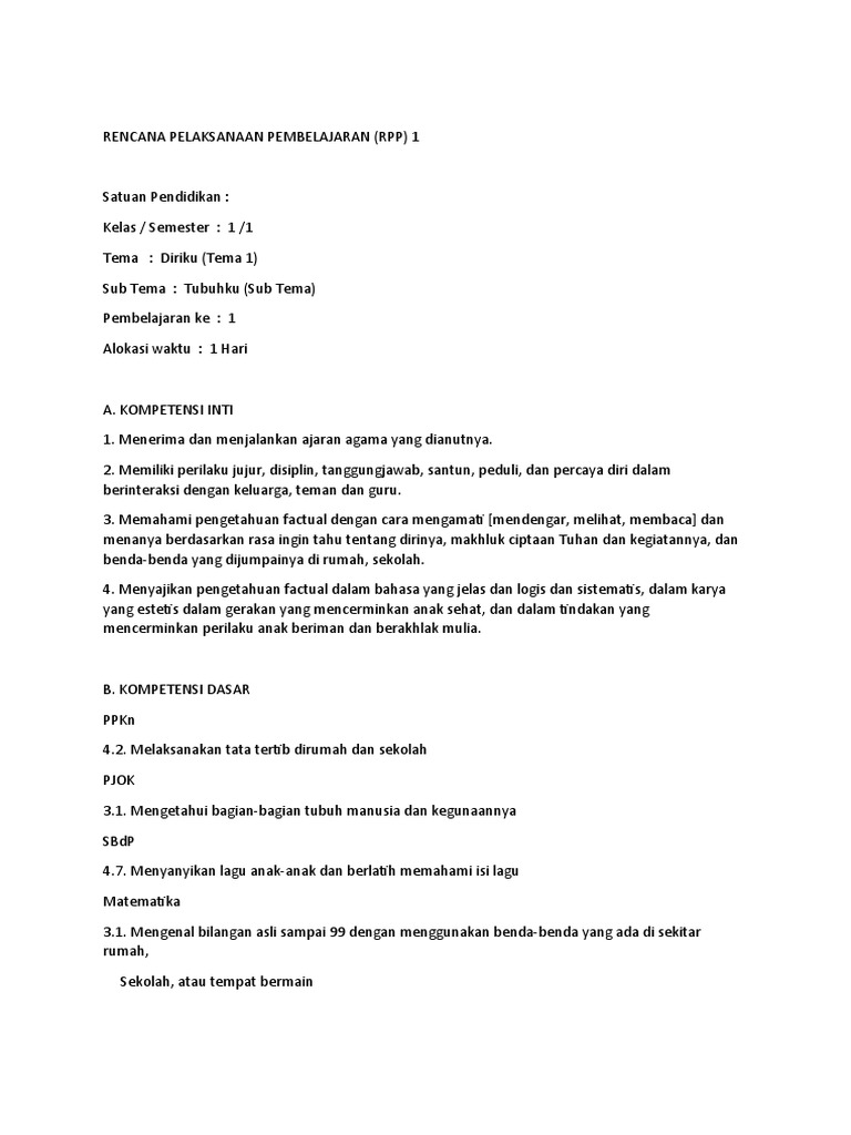 RPP Ipa SD Kelas 1 | PDF