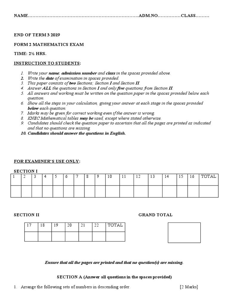 Mathematics Form 2 End of Year Exam 2019 QP | PDF | Area | Triangle