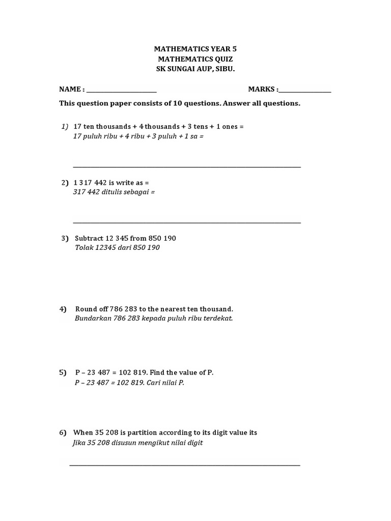 Mathematics Year 5 Quiz | PDF