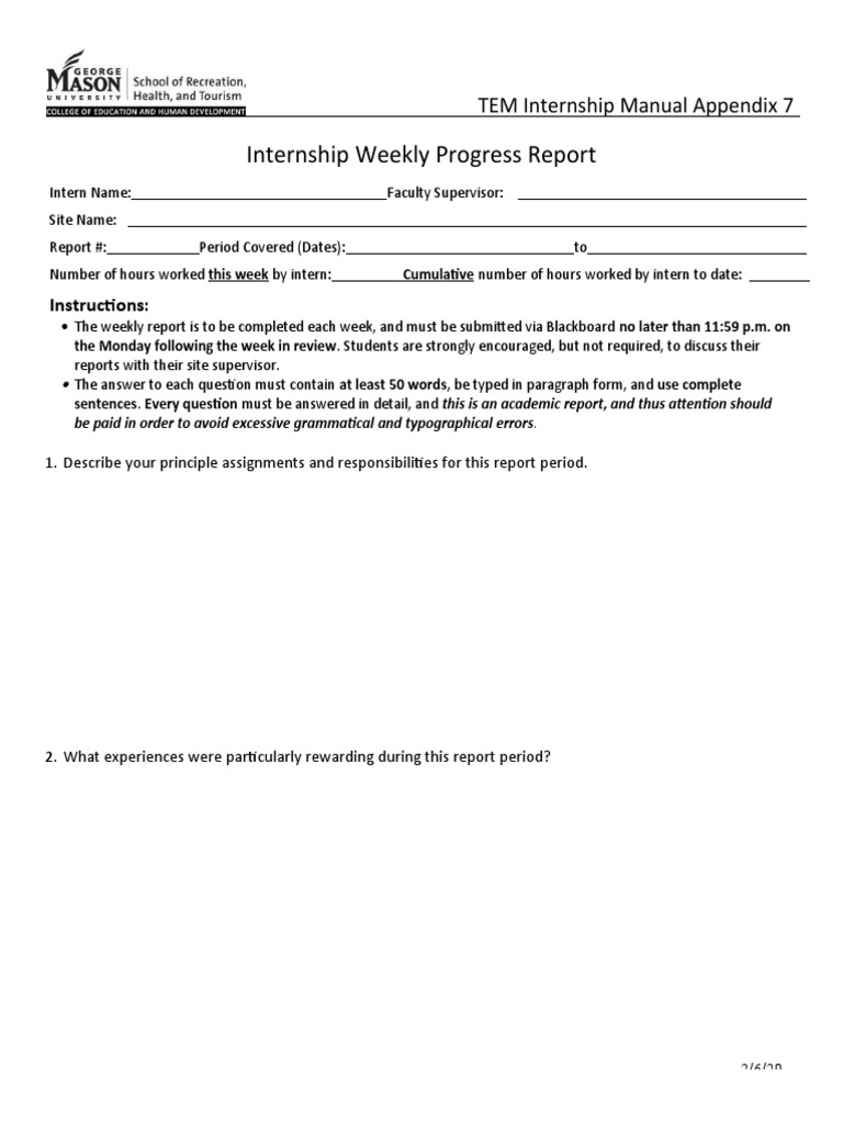 Internship Weekly Progress Report Template | PDF