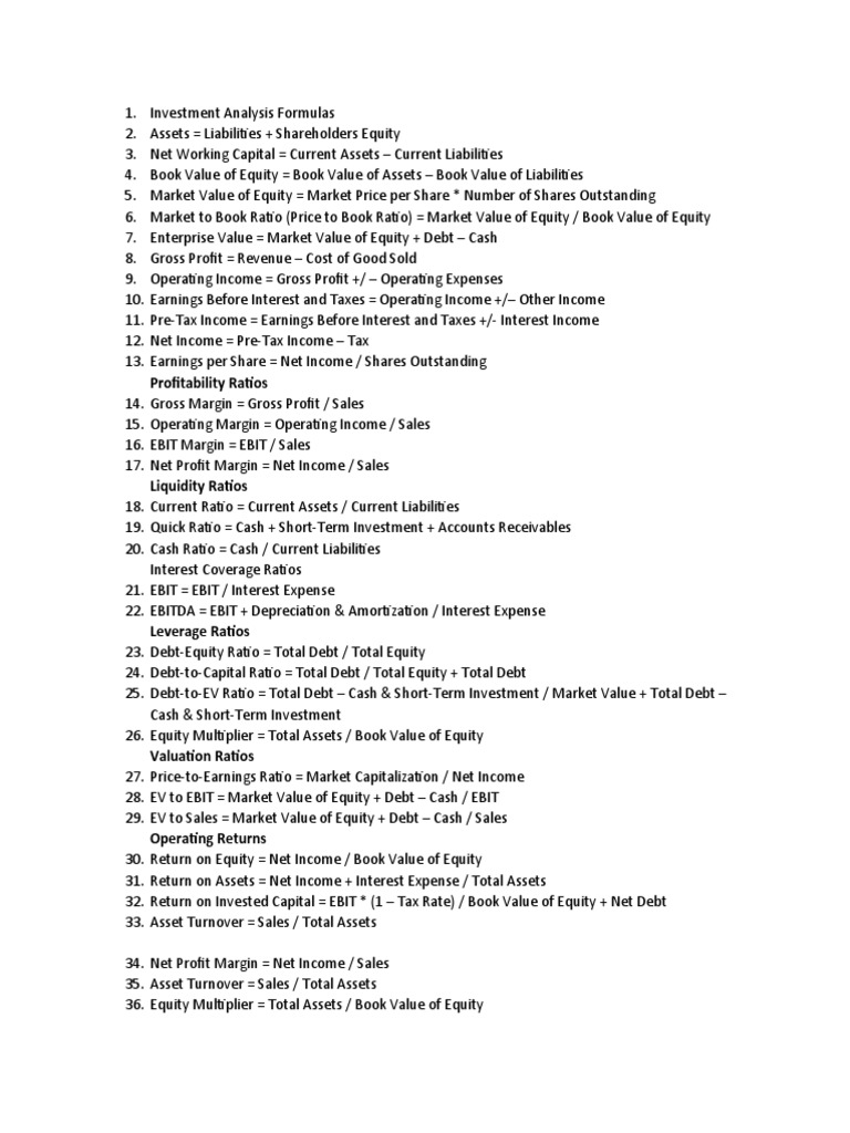 Investment Analysis Formulas Overview | PDF | Book Value | Equity (Finance)