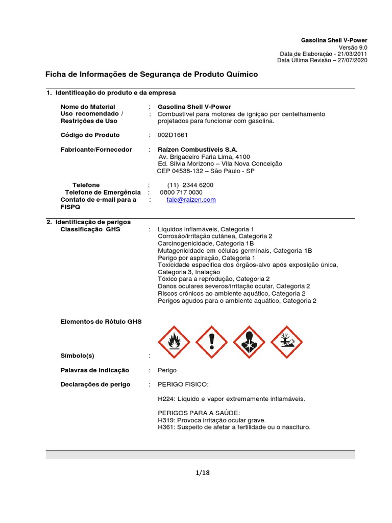 FISPQ Gasolina Shell V-Power Rev9 27jul2020 | PDF | Benzeno | Combustão
