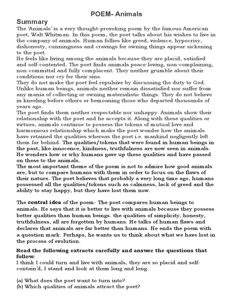 Animals Poem - Notes | PDF | Greed | Virtue