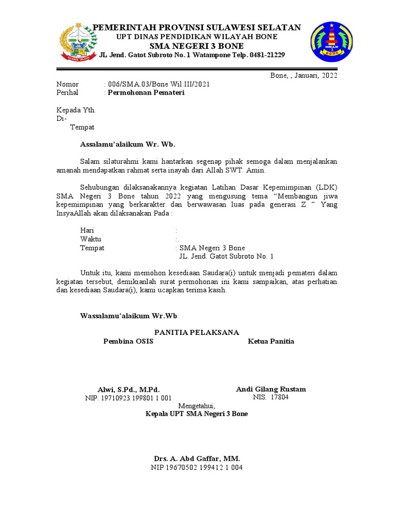 Surat Permohonan Pemateri LDK 2022 | PDF