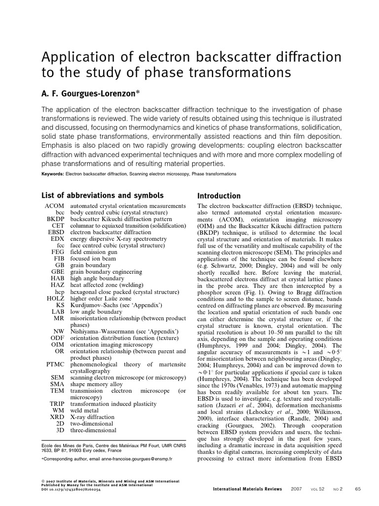 (2007) Application of Electron Backscatter Diffraction To The Study of Phase Transformations ...