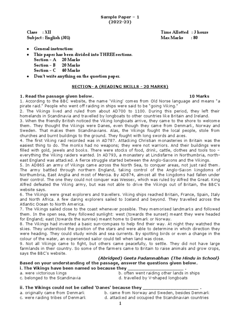 Class - Xii Sample Paper - 1 (2022-23) | PDF | Vikings | Human Trafficking