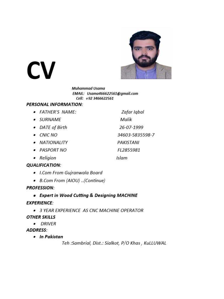 Muhammad Usama CV - CNC Machine Operator Woodworking Pakistan | PDF