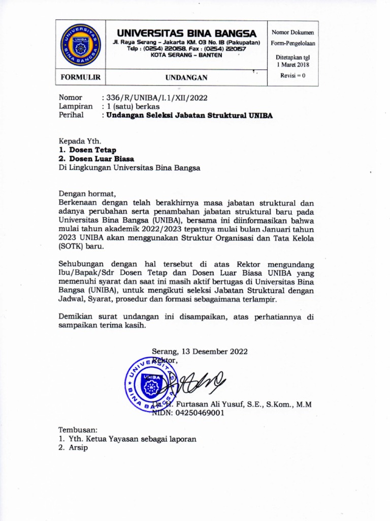 Surat Undangan Open Bidding Struktural UNIBA 2023 | PDF