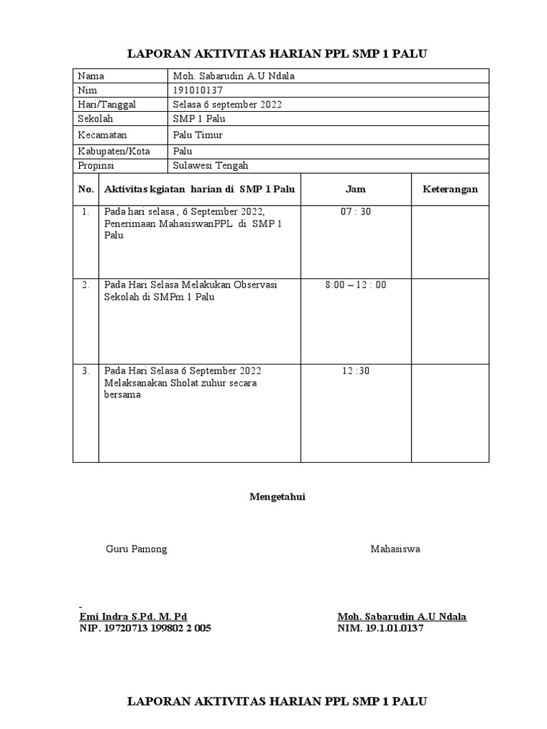 Laporan Harian SMP 1 PALU | PDF