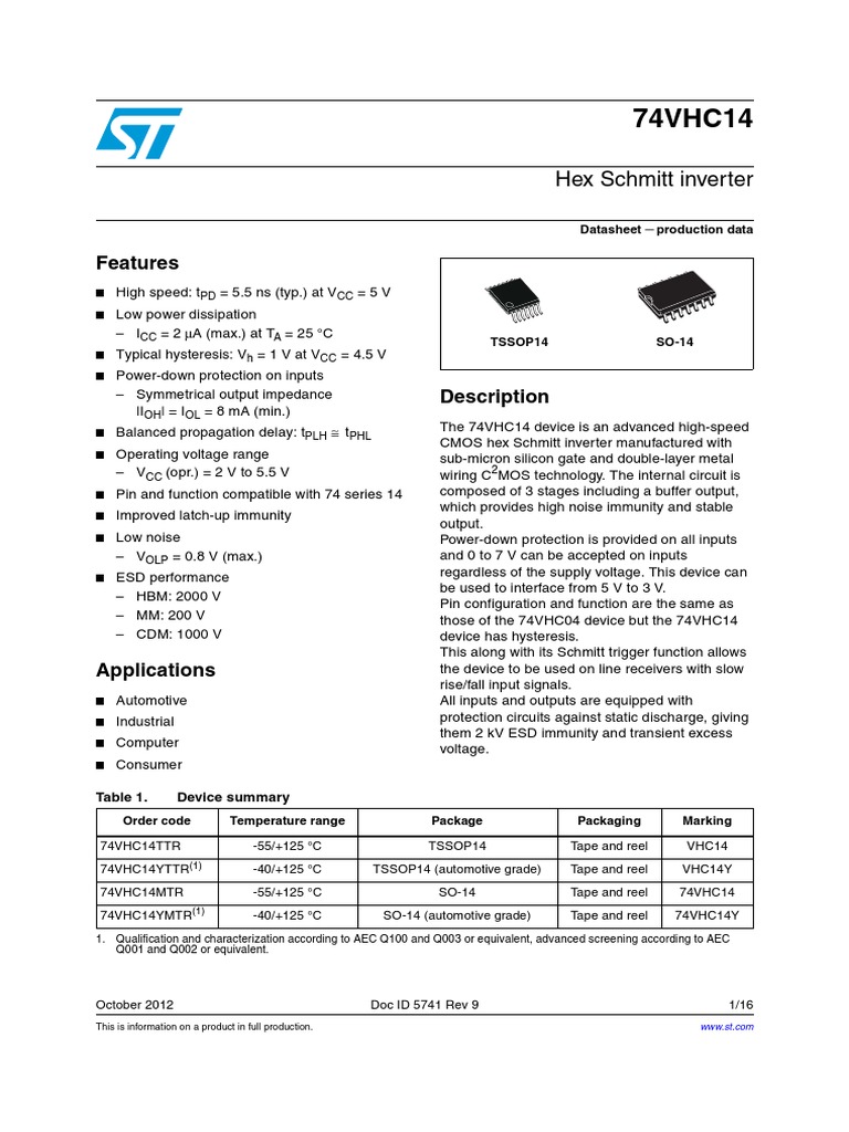 Datasheet Komponen 74vhc14 | PDF | Intellectual Property | Electrical Engineering