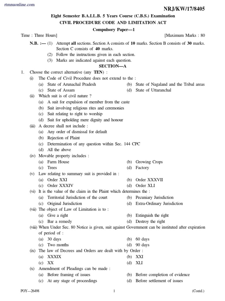 Ballb 8 Sem Civil Procedure Code And Limitation Act Paper 1 Winter 2017