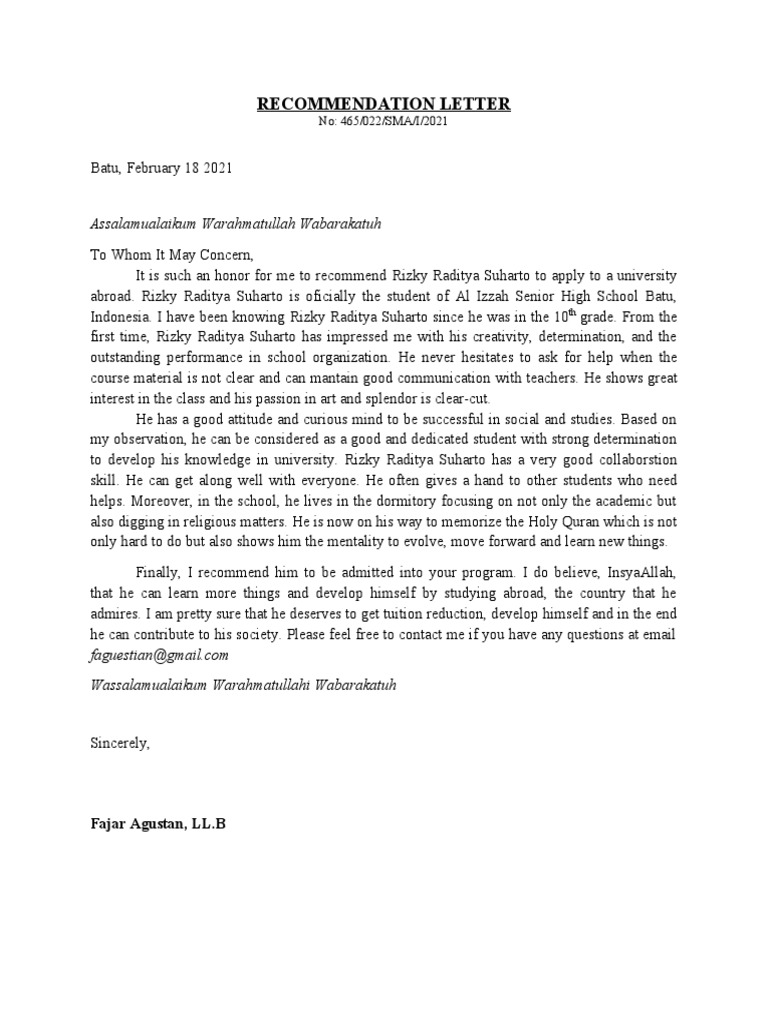 Contoh Reccomendation Latter | PDF