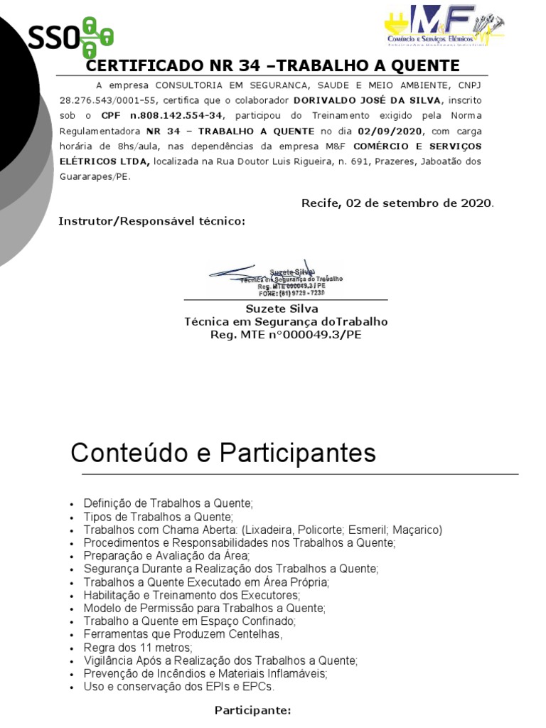 Certificado NR 34 Dorivaldo Adm | PDF