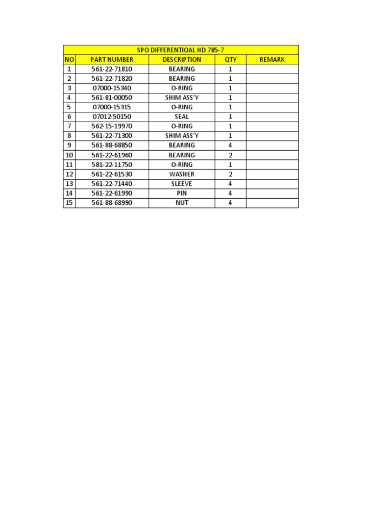 Differential HD 785-7 Parts List | PDF
