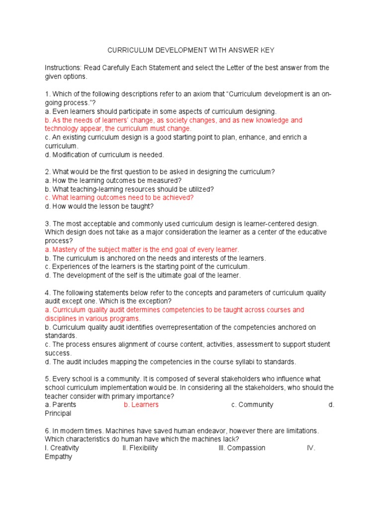 Curriculum Development With Answer Key | PDF | Curriculum | Learning