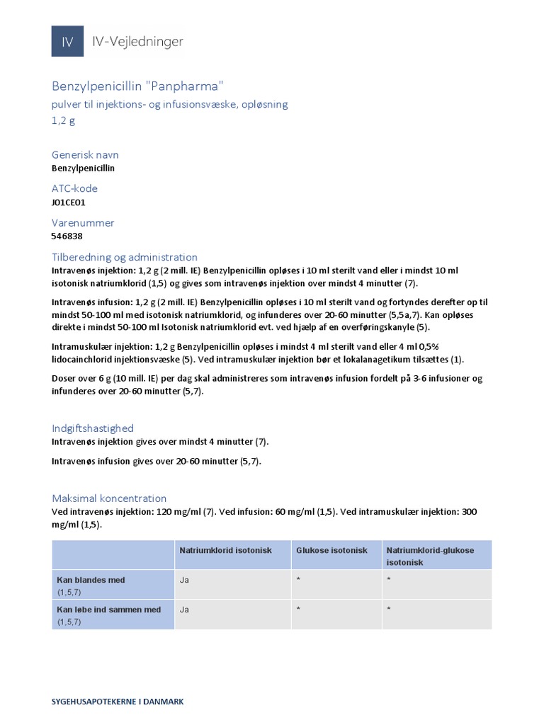 Iv-Vejledning Benzylpenicillin Panpharma 1,2 G | PDF