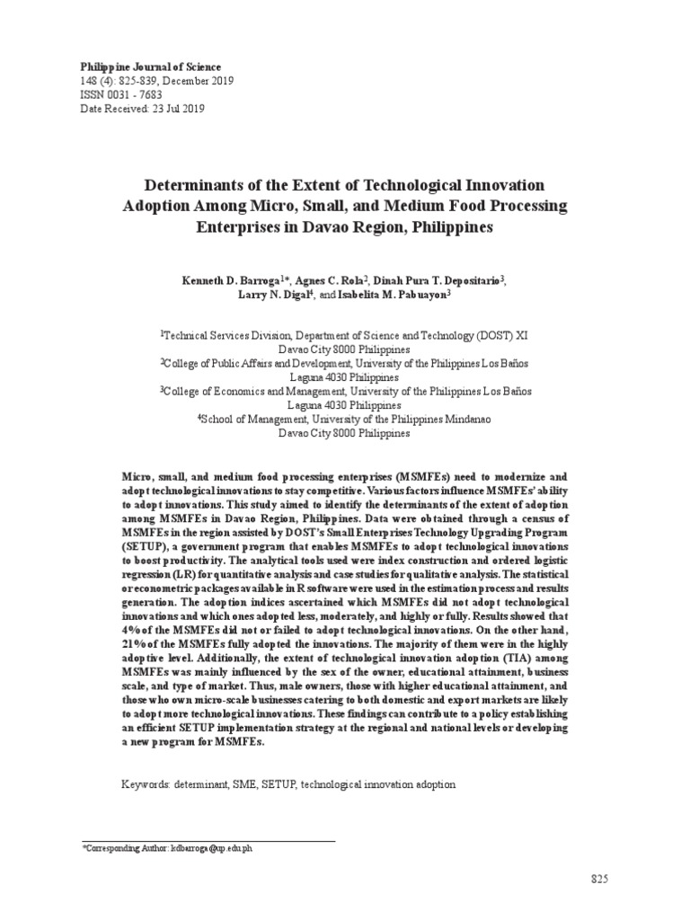Determinants of Extent of Technological Innovation Among Food ...
