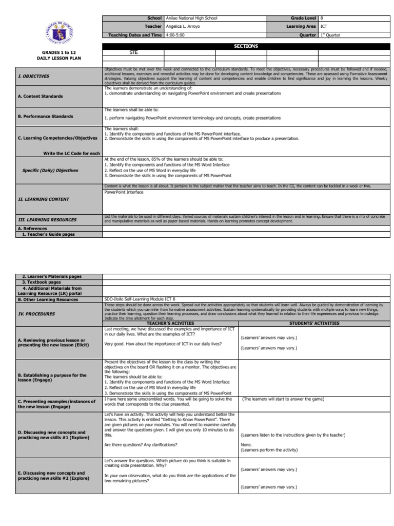 DLP Ict 8 Q1 M1 | PDF | Learning | Educational Technology