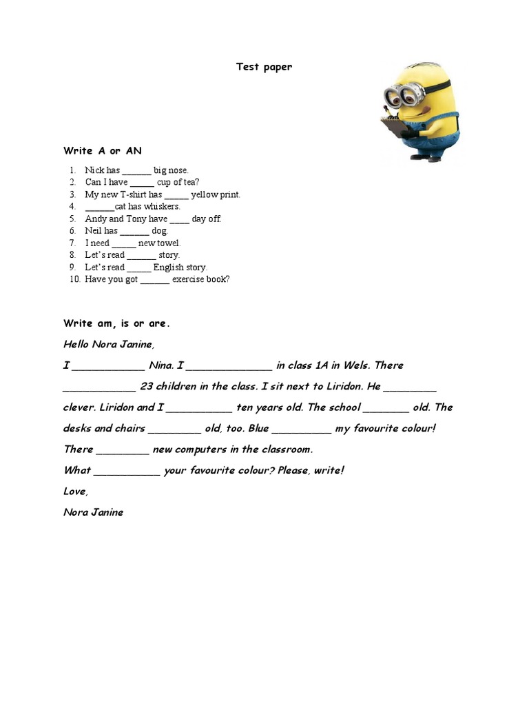 Test paper - A or AN, am, is, are | PDF