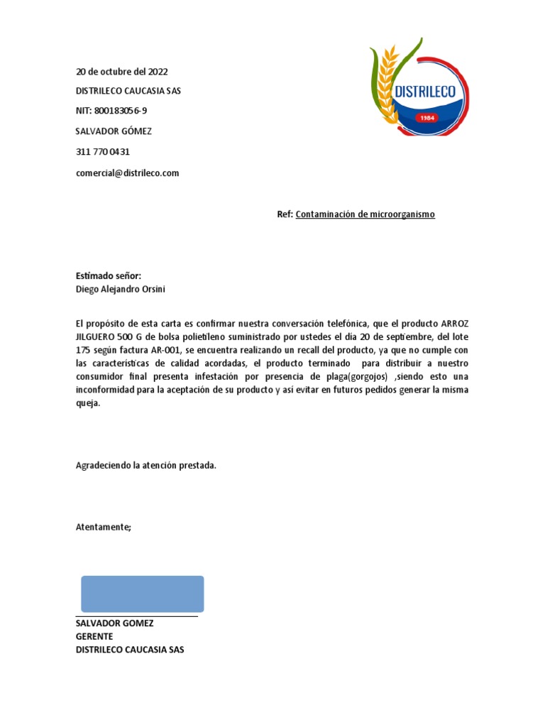 Carta de Ejemplo Recall | PDF