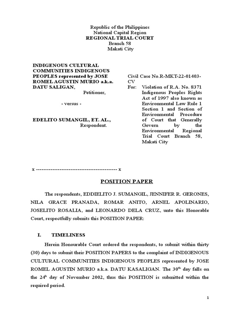 Position Paper on a Case Regarding Indigenous Rights Filed by an Alleged Indigenous Tribal Prime ...