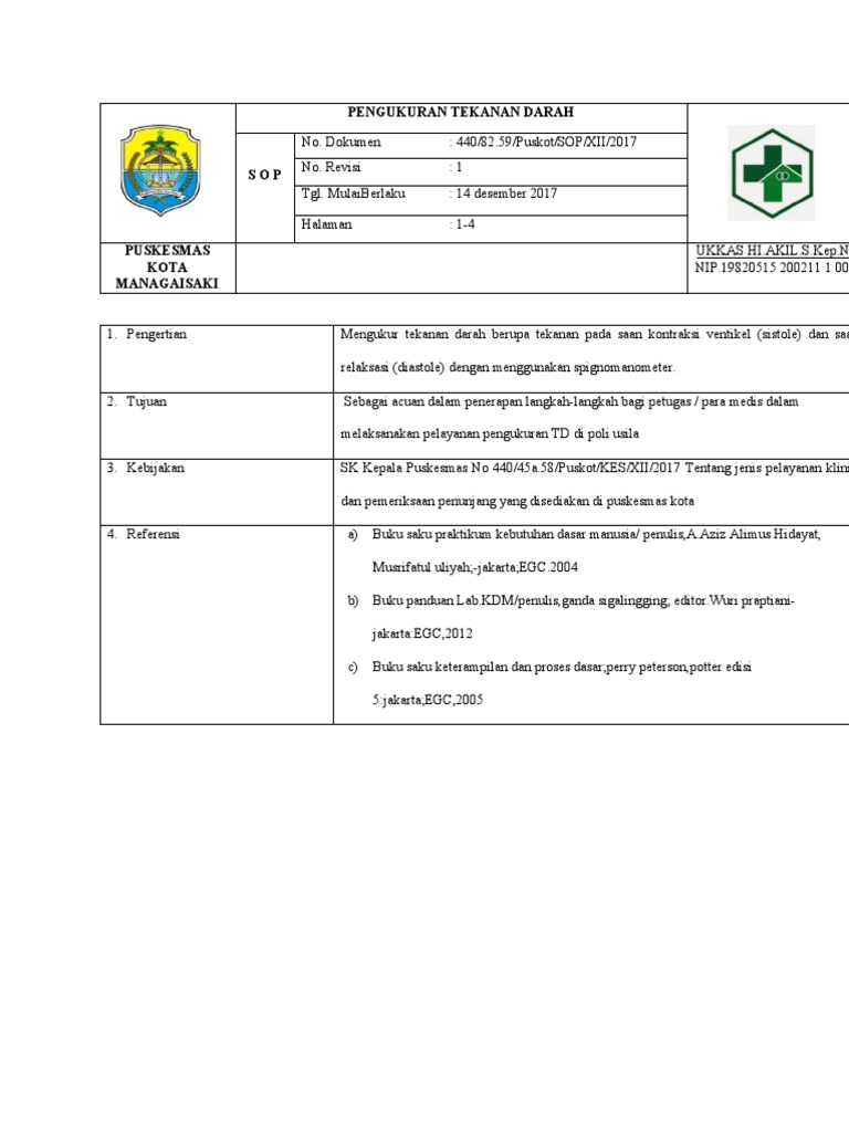 Sop Pengukuran Tekanan Darah | PDF