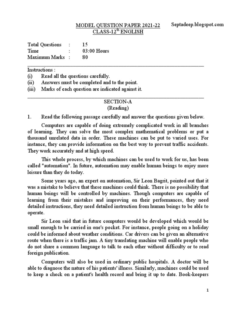 02 ENGLISH 12th Model Question Paper 2021-22 (1) - Septadeep - Blogspot ...
