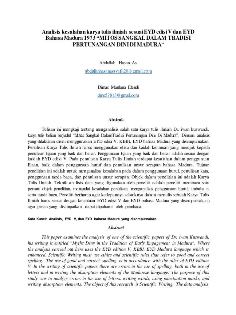Analisis Kesalahan Karya Tulis Ilmiah Sesuai Eyd Edisi V Dan Eyd Bahasa Madura 1973 "Mitos ...