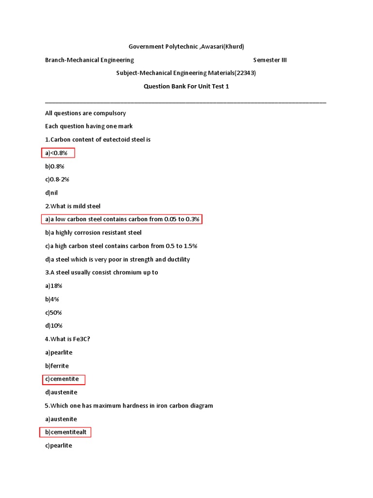 MEM Question Bank For UT 1-1 | PDF | Steel | Alloy