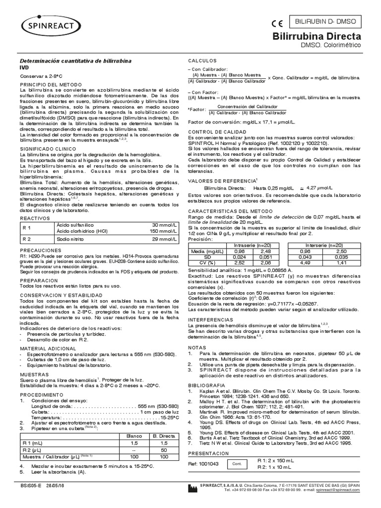 Inserto Spinreact Bilirrubina Directa DMSO 1001043 | PDF | Química ...
