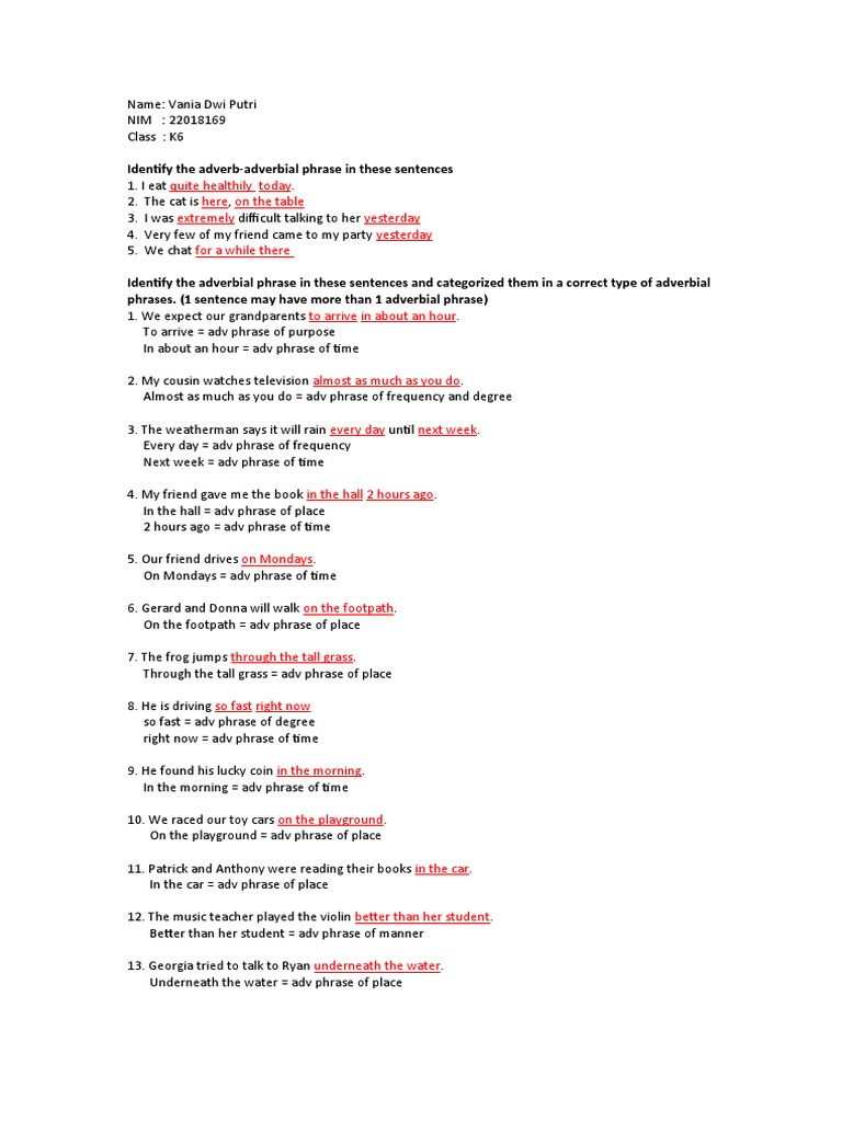 Adverbial Phrases Identification Worksheet | PDF | Language Arts ...