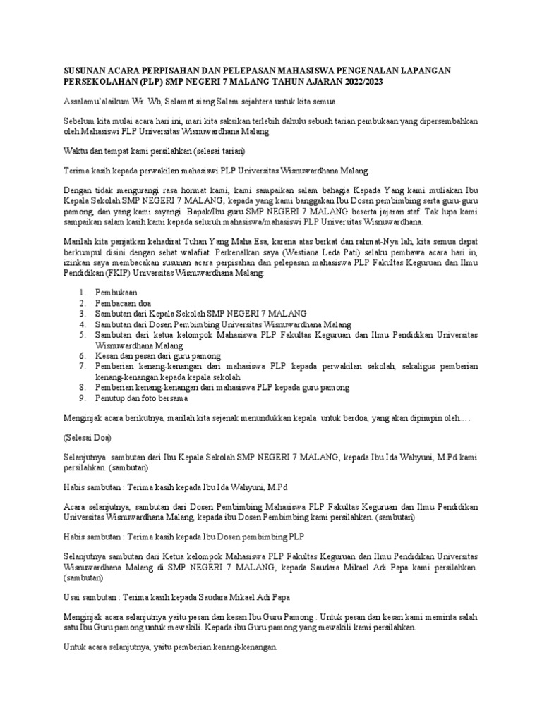 Rundown Acara Perpisahan Dan Pelepasan Mahasiswa PLP 1 | PDF