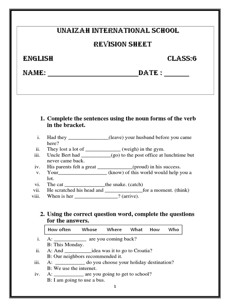 Eng 6 Revision Worksheet | PDF