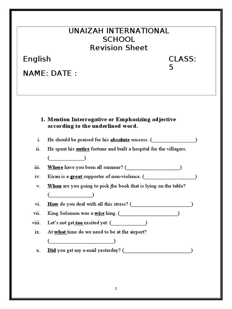 Grade 5 English Adjective Revision | PDF | Cognition | Human Communication