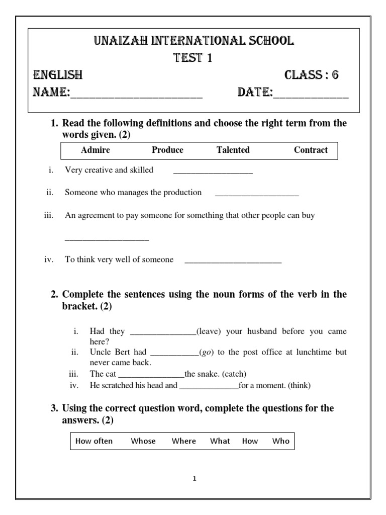 Eng Class 6 Test 1 | PDF | Linguistics