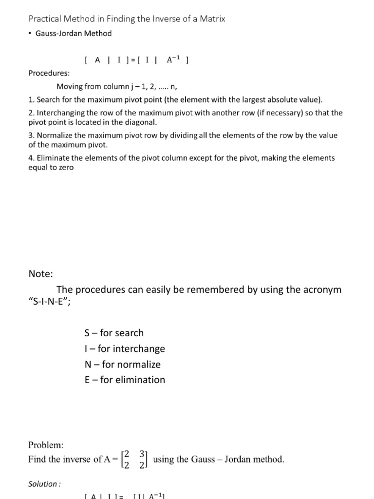 Gauss-Jordan Method for Matrix Inversion | PDF