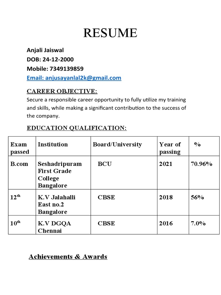 RESUME Anjali Jaiswal's Career Summary and Qualifications | PDF