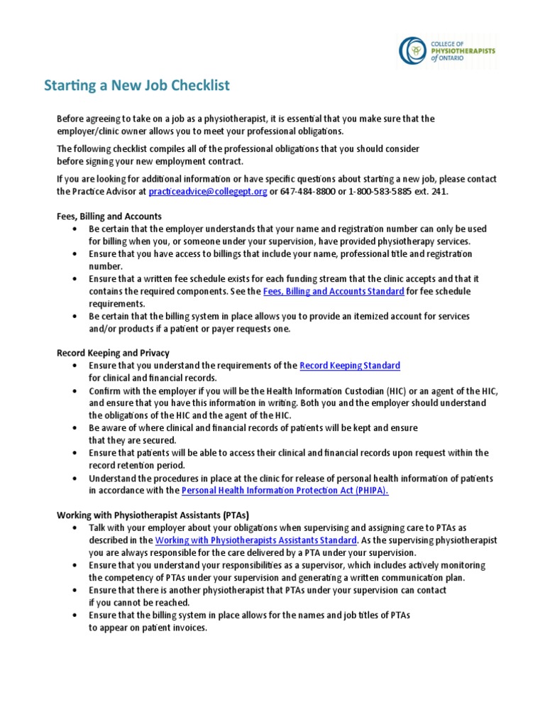 Starting New Job Checklist | PDF | Physical Therapy | Employment