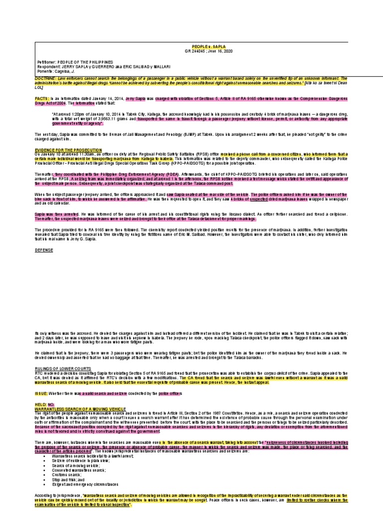 People v. Sapla Rights Against Unreasonable Searches and Seizure and ...