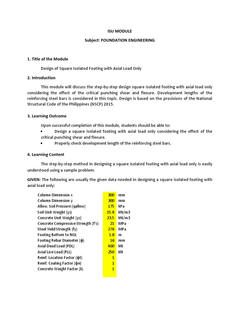 Foundation Engg Module 3 Square Footing With Axial Load Only | PDF | Pascal (Unit) | Building ...