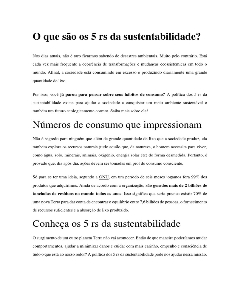 O Que São Os 5 Rs Da Sustentabilidade | PDF | Reciclagem | Desperdício
