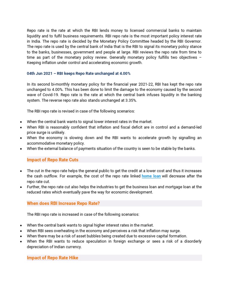 Repo Rate | PDF | Reserve Bank Of India | Repurchase Agreement