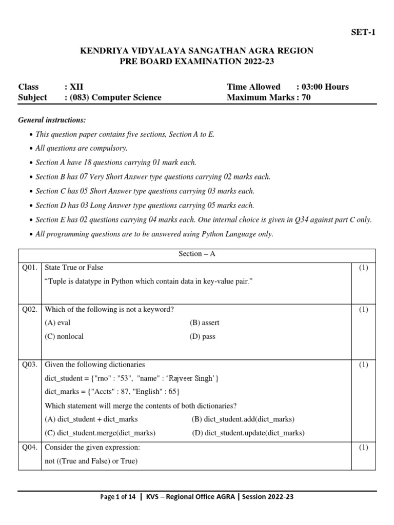 Class 12 Cs All Kv Region Papers 2022 23 Pdf Python Programming Language Computer Data 